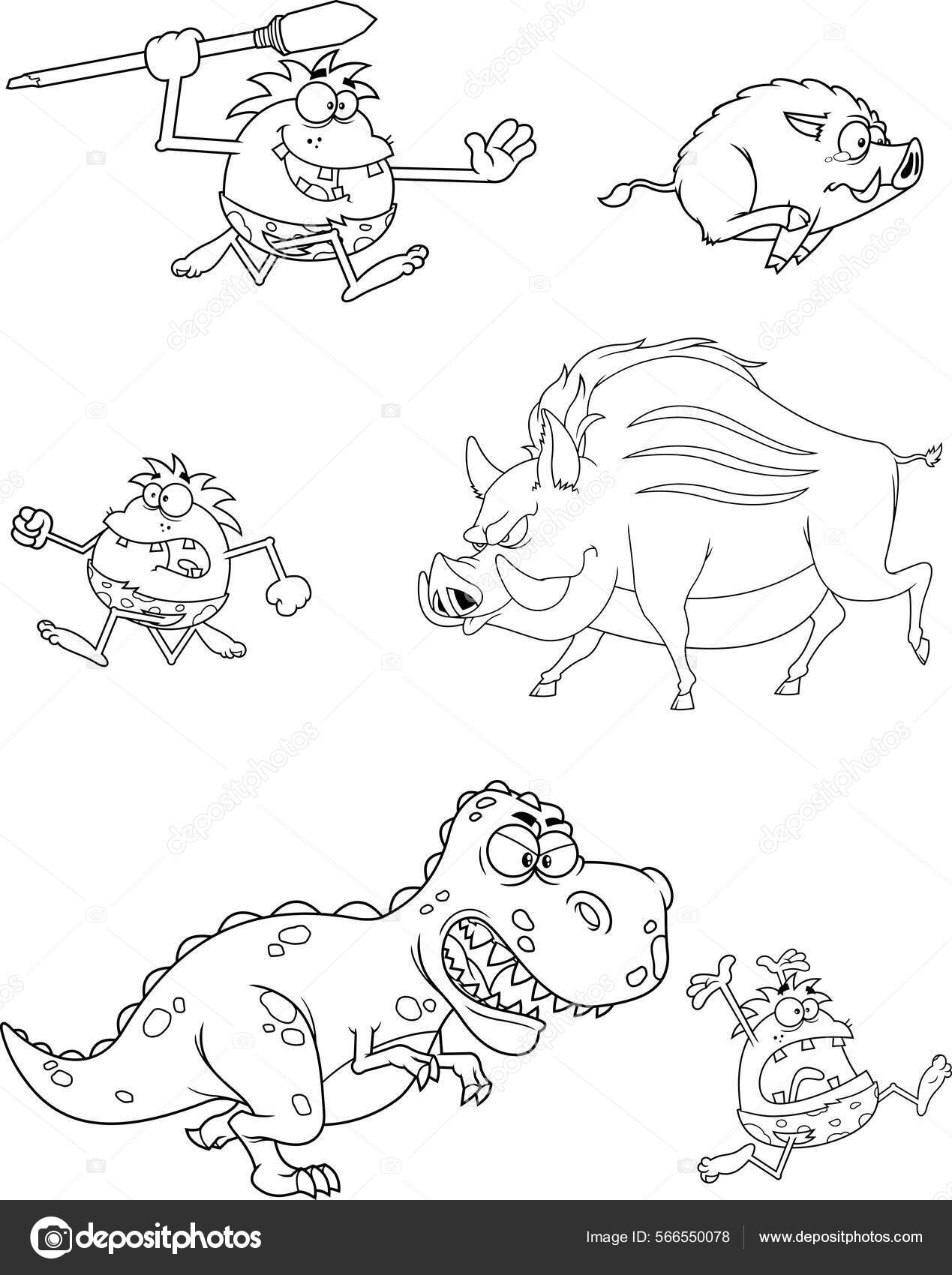 Outlined Caveman Cartoon Characters Vector Hand Drawn Collection Set ...