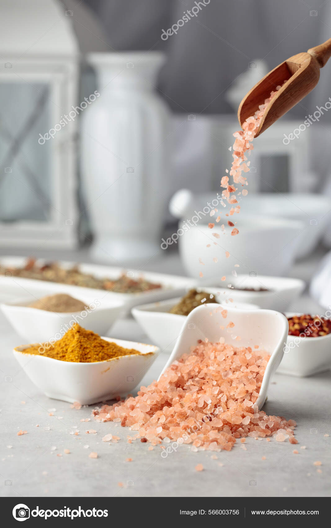 Himalayan Pink Salt Various Spices Kitchen Table Stock Photo by ©igorr1 ...
