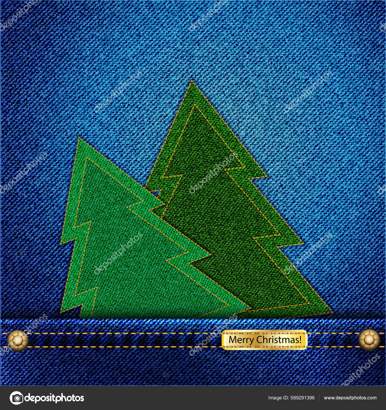 Denim Background Stitched Christmas Tree Emerging Pocket Tab Wishing ...