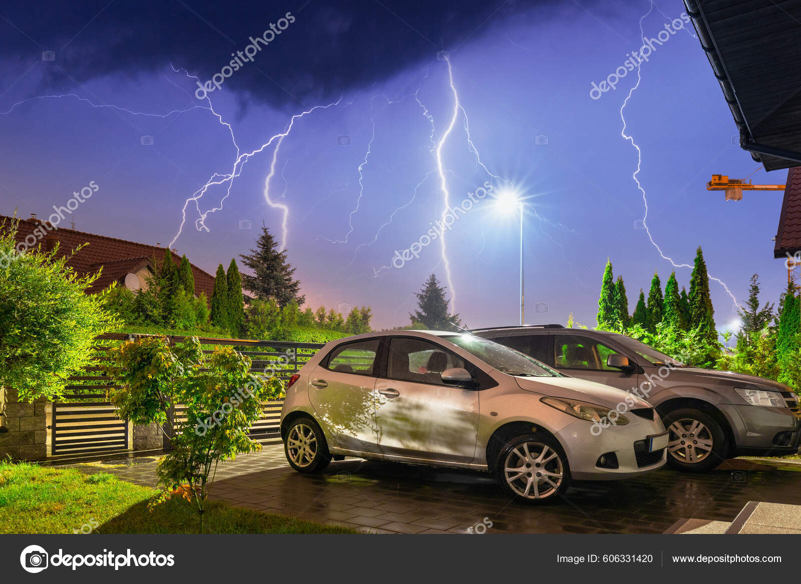 Cars Front Driveway Lightning Storm Night Stock Photo by ©Patryk ...