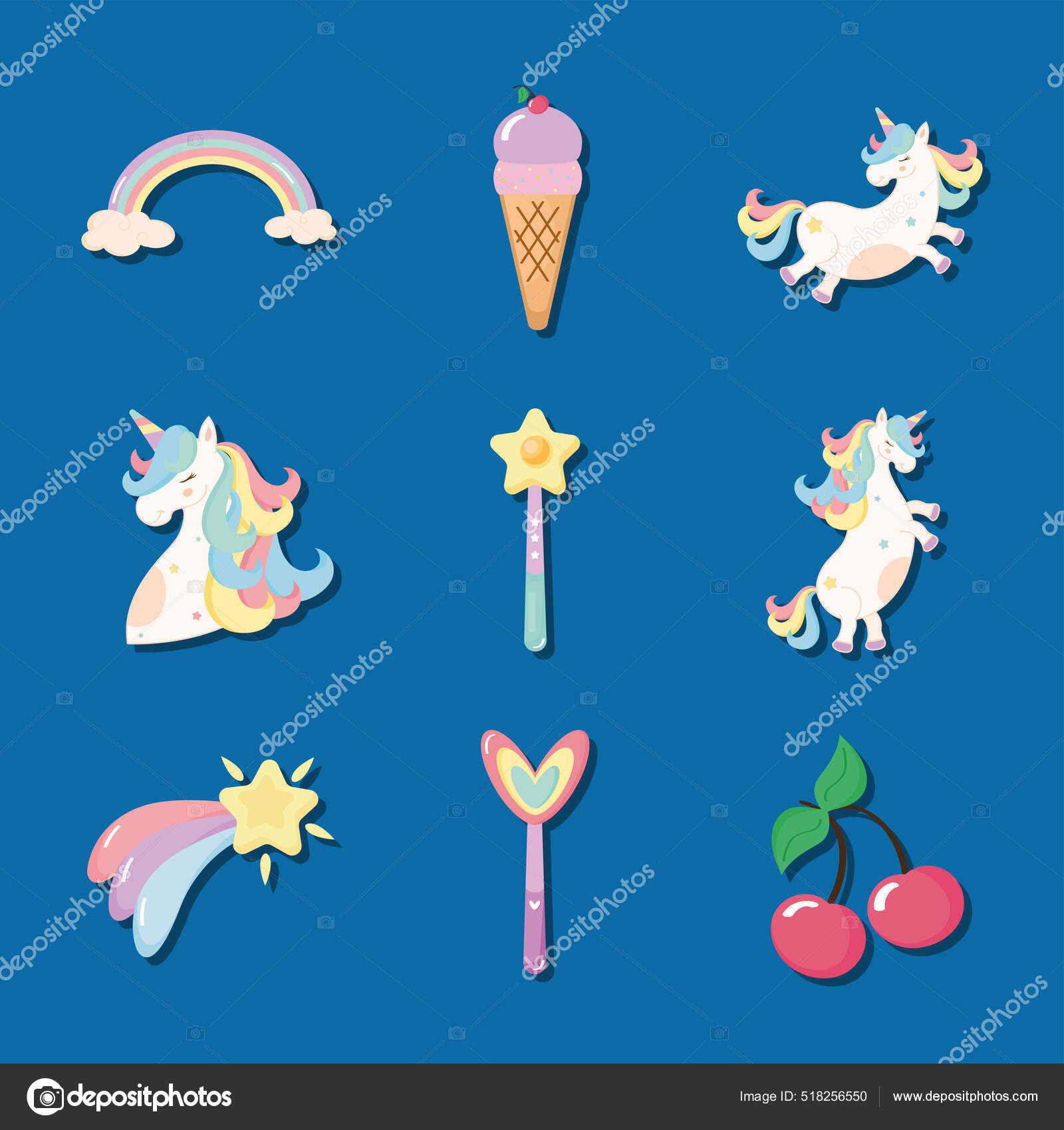 Nueve iconos lindos unicornios Vector de stock #518256550 de ©yupiramos