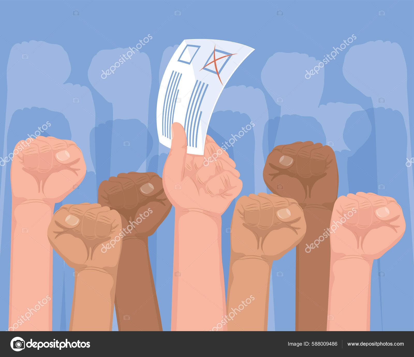 Image vectorielle Hands Fist Lifting Vote Scene par ©yupiramos - 588009486