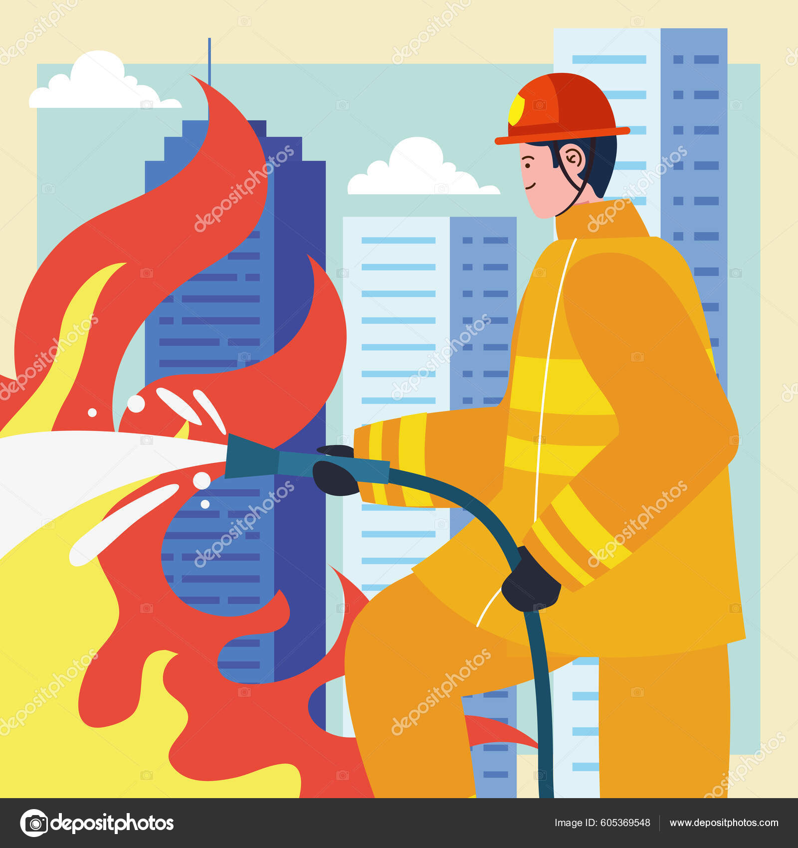 Cartoon Fireman Putting Out Fire