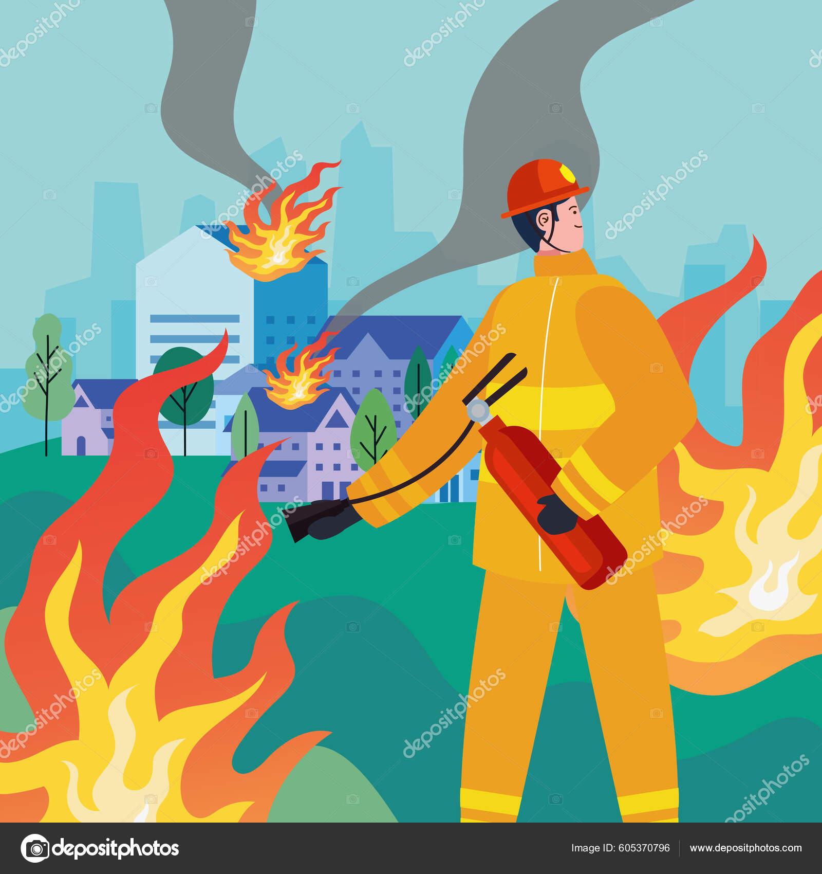 Cartoon Fireman Putting Out Fire