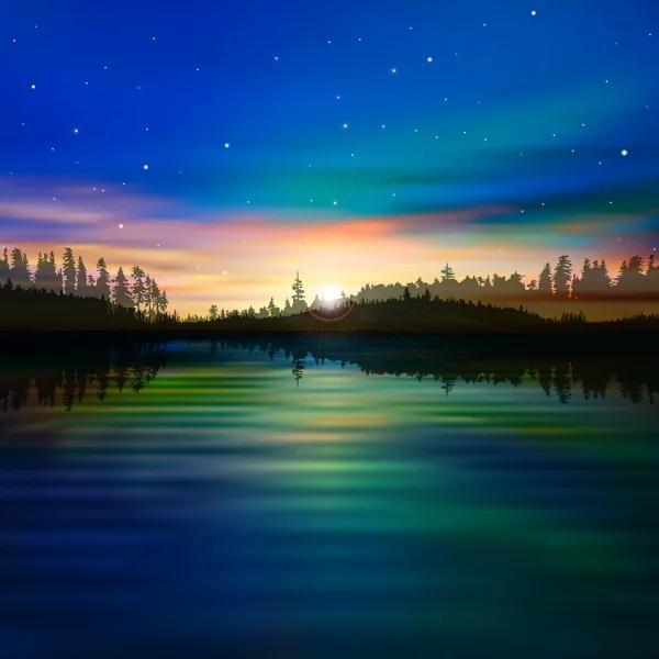 abstract background with forest lake and sunrise - Stock Image - Everypixel