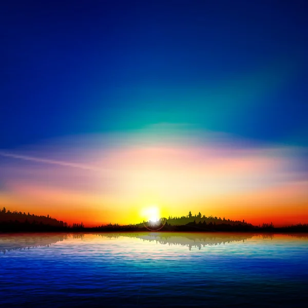 abstract nature background with forest lake and sunrise - Stock Image ...