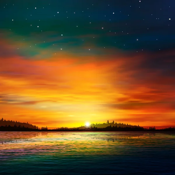 abstract nature background with forest lake and sunrise - Stock Image ...