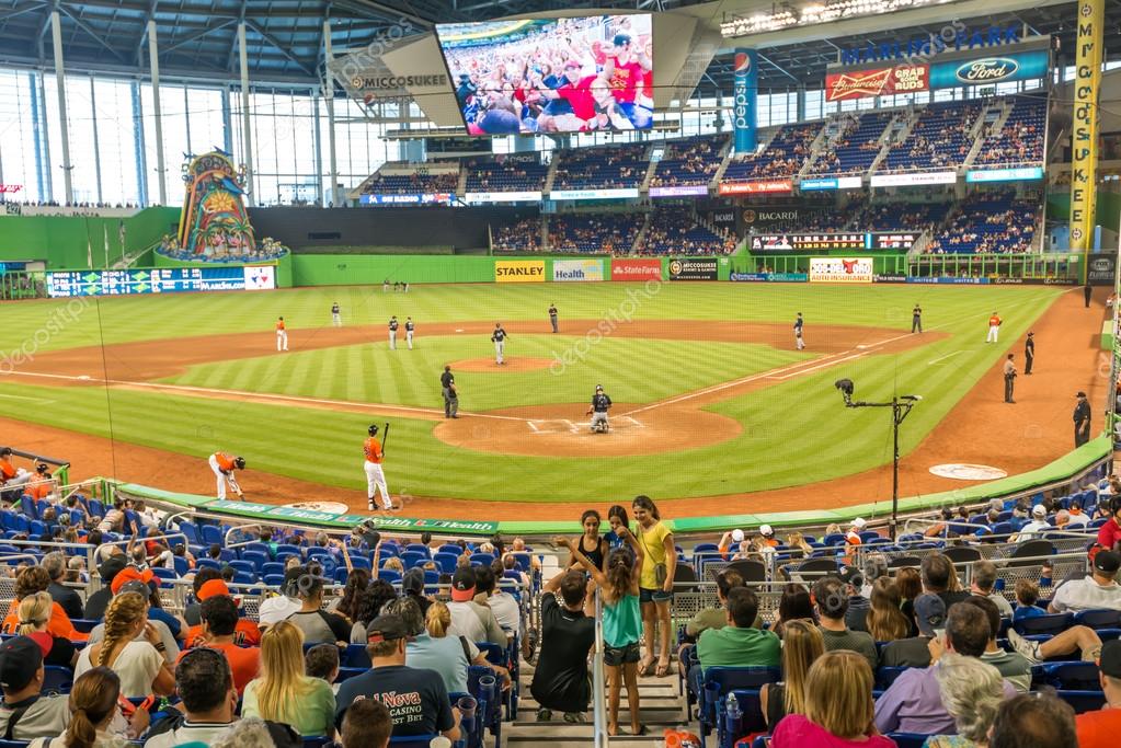 Fans watching a baseball game at the Miami Marlins Stadium – Stock ...