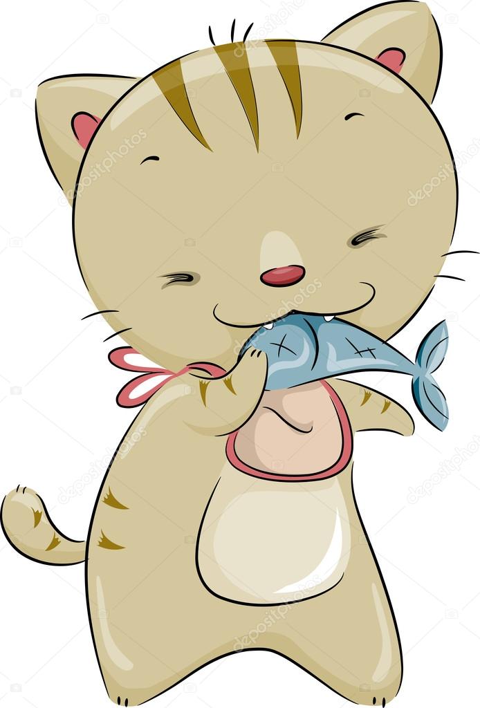 Cat Eating Fish Stock Illustration by ©lenmdp #13488265