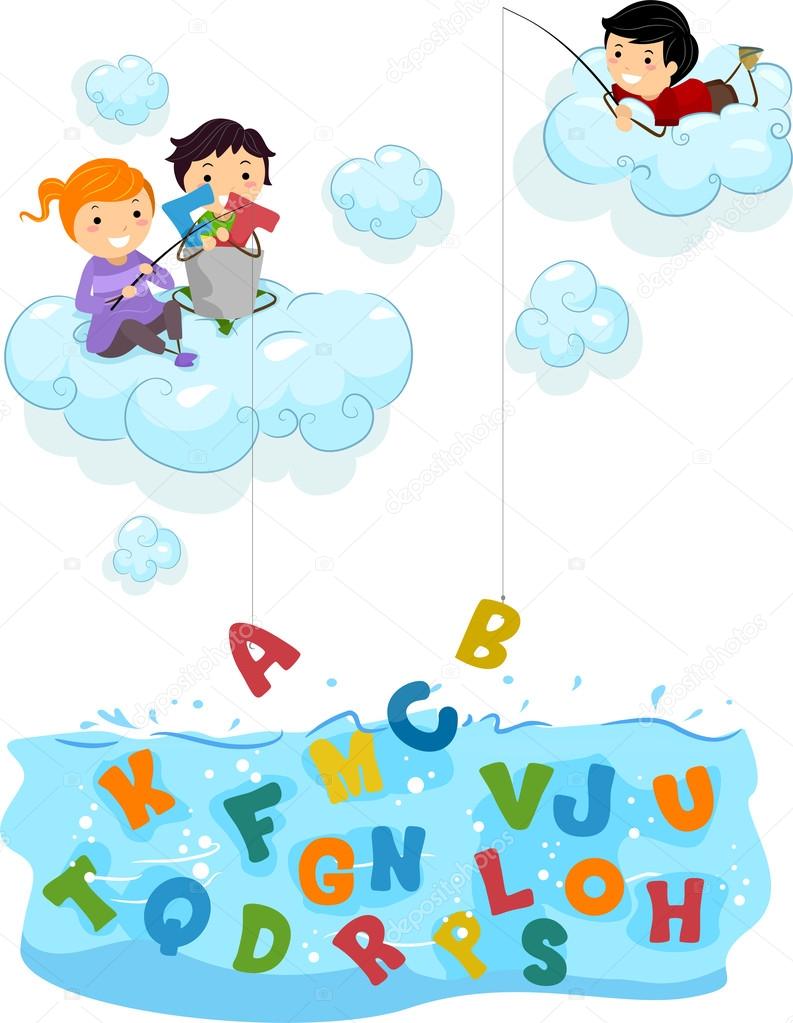 Kids on Clouds Fishing for Alphabets at Sea — Stock Photo © lenmdp ...