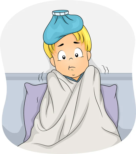 Cartoon illustration of a boy with a cold exaggerated look fever ice ...