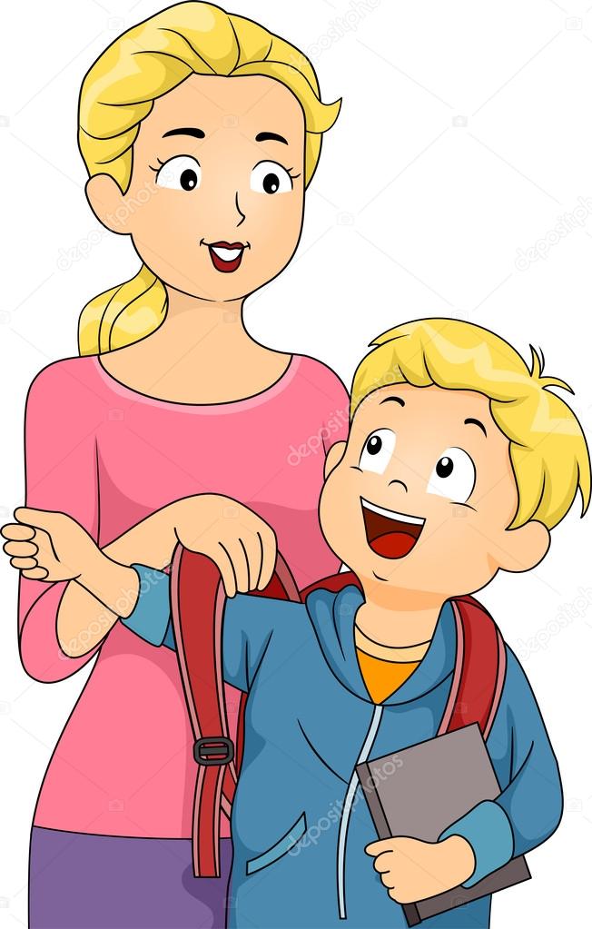 Mother Helping Son Put on Schoolbag Stock Illustration by ©lenmdp #51513535
