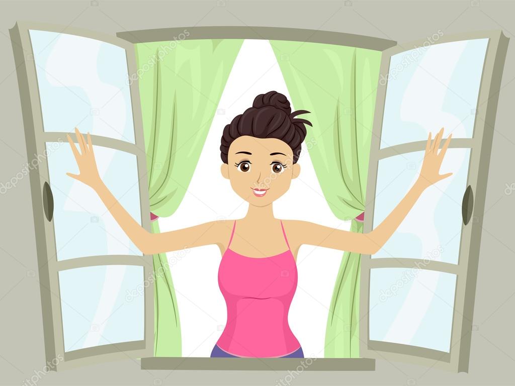 Abrir la ventana de su habitación de niña — Foto de Stock #51515919 ...