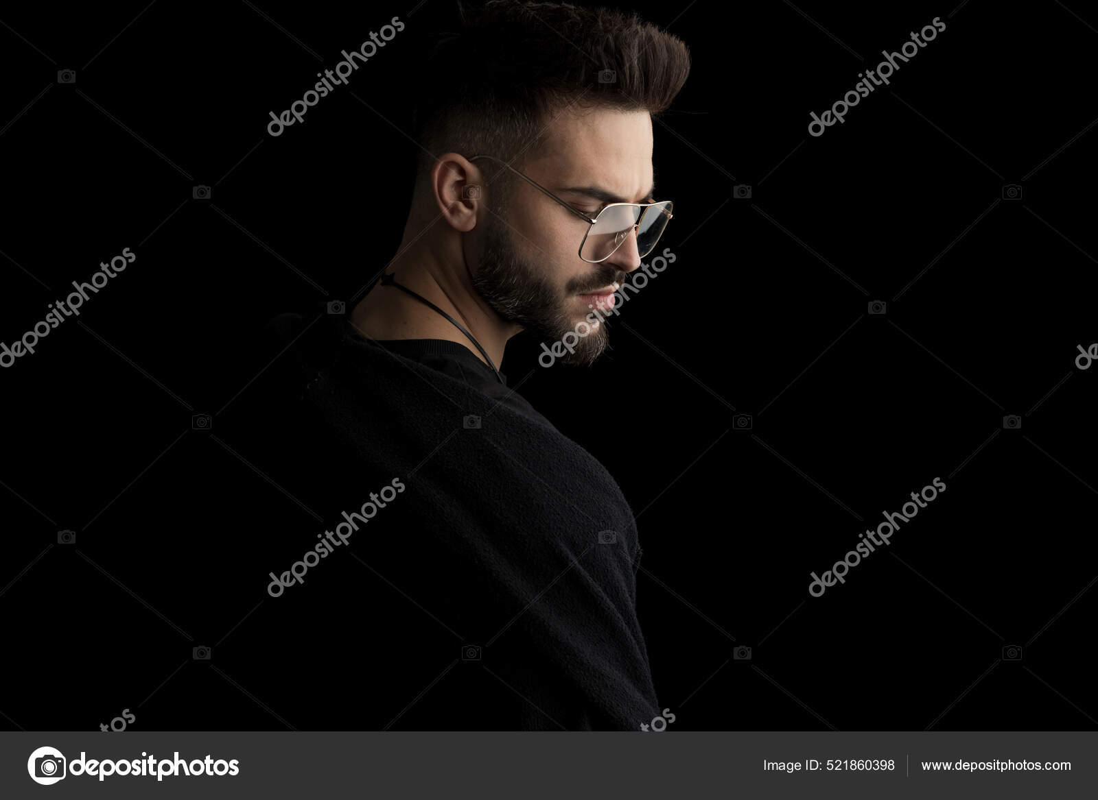 Side View Mysterious Young Man Wearing Glasses Looking While Posing ...