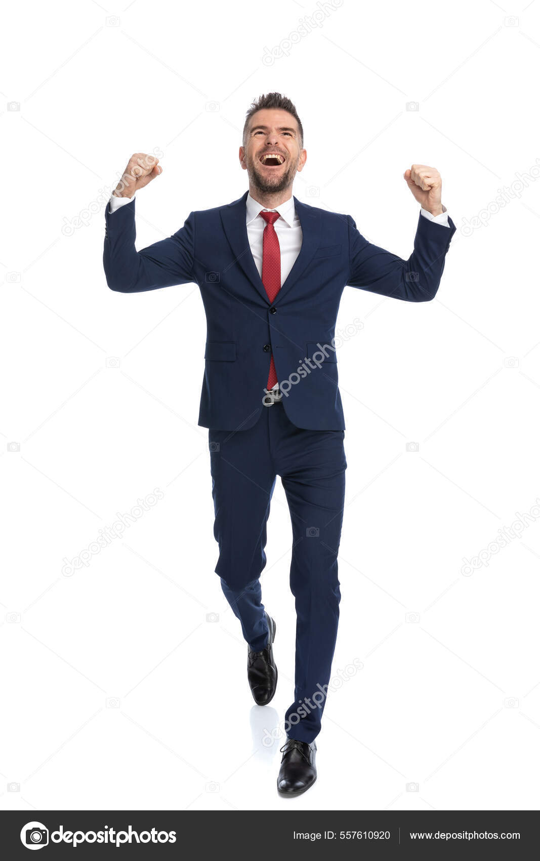 Young Businessman Walking Camera Celebrating Success White Studio ...