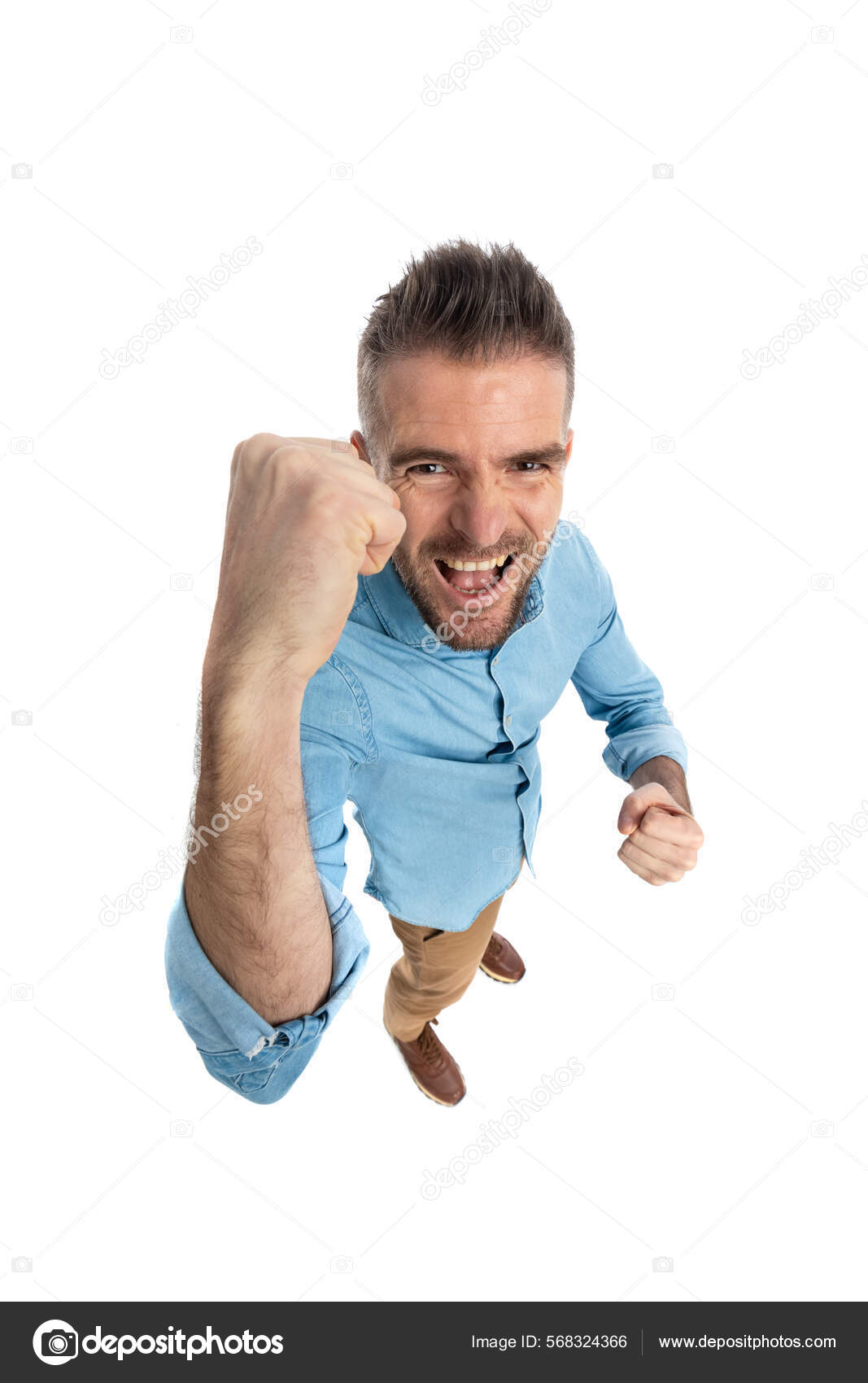 Enthusiastic Casual Guy Beard Holding Fist Celebrating Victory Top View ...