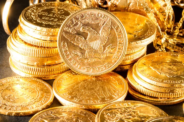 Real Gold Coins Dark Background — Stock Photo © netfalls #235464974