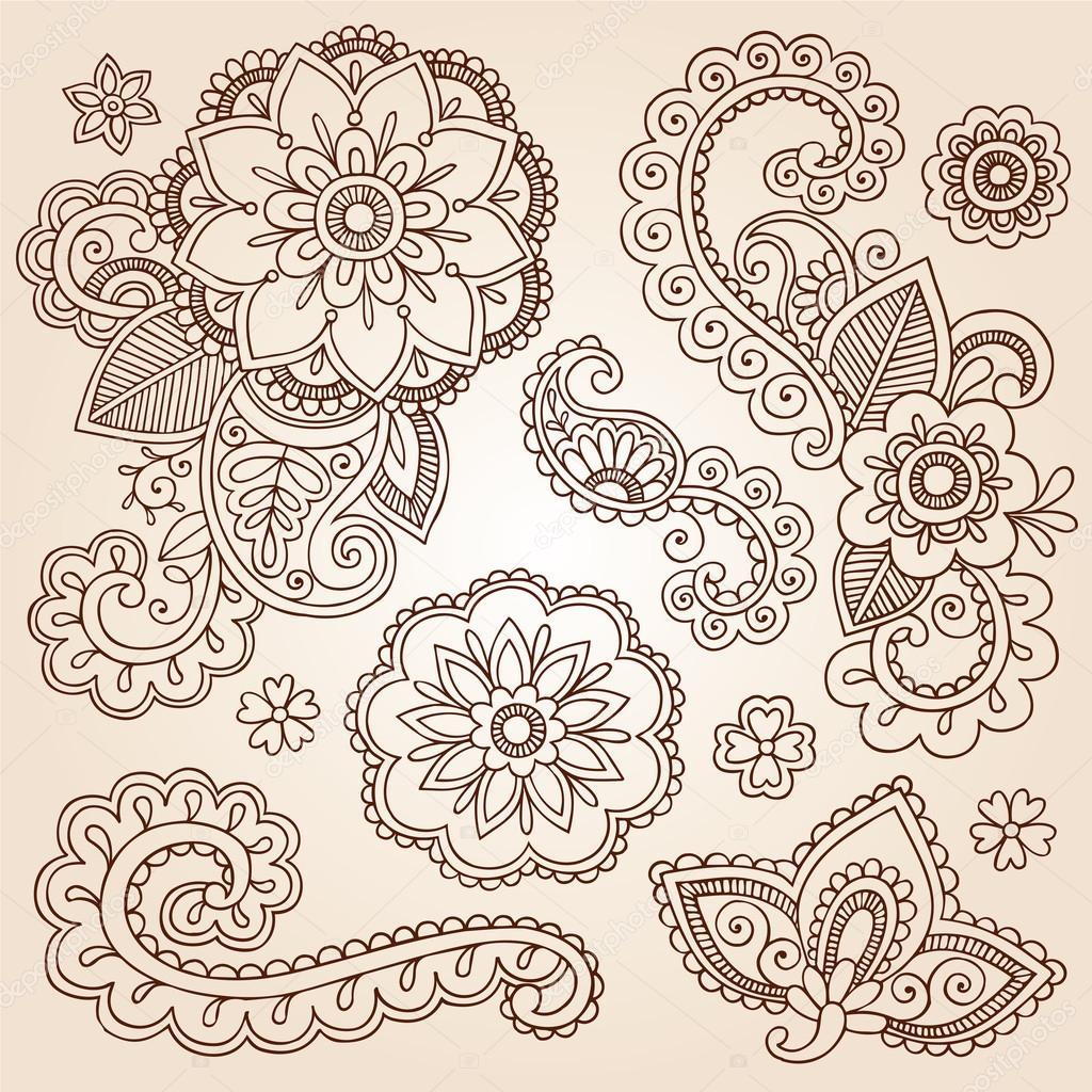 Henna Mehndi Doodles Abstract Floral Paisley Design Elements Stock ...
