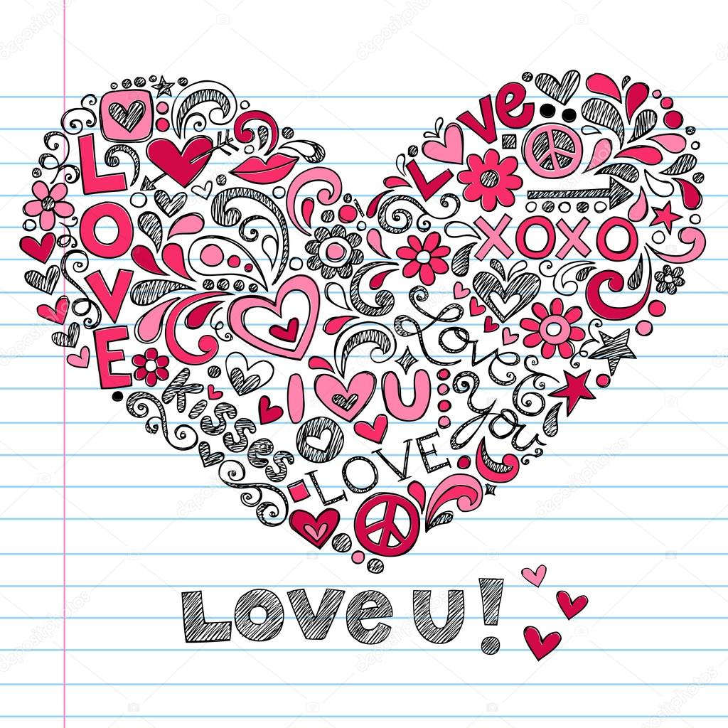 Hand-Drawn Valentine's Day Heart and Love You Lettering Sketchy ...