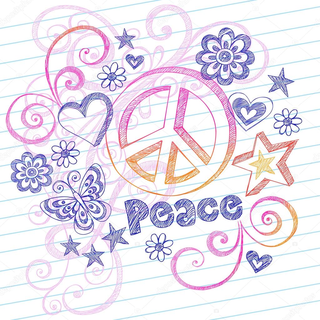 Hand-Drawn Sketchy Peace Sign Doodles with Butterfly, Hearts, Stars ...