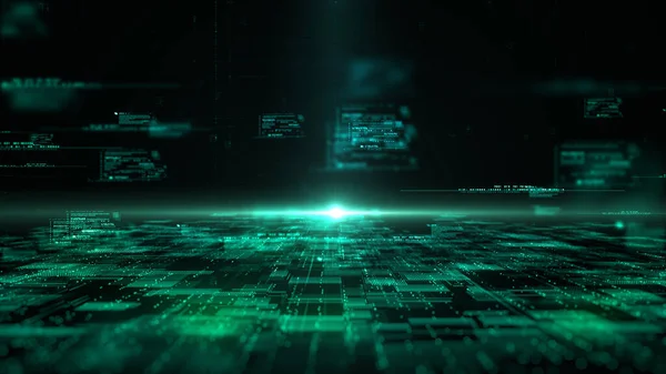 Green digital cyberspace with particles and Digital data network connections. Big data hi-speed ...