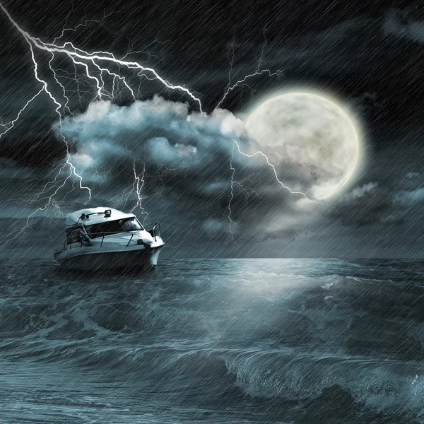 Boat in storm ocean — Stock Photo © merznatalia #40741677