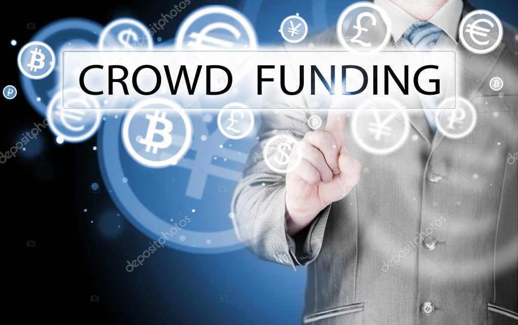 Businessman pushes virtual crowd funding button Stock Photo by ... Businessman pushes virtual crowd funding button Stock Photo by ...