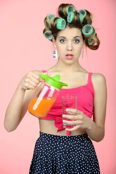 Pin up girl drink bloody Mary cocktail. Pin-up retro female style ...