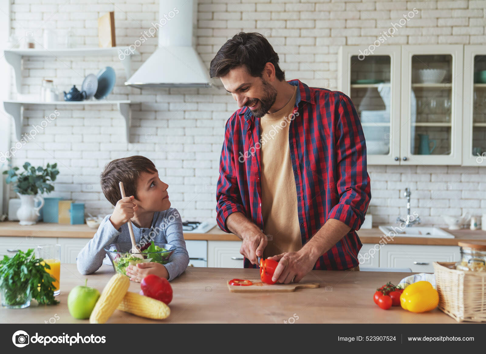 Cheerful Father His Little Son Help Each Other While Preparing Stock ...