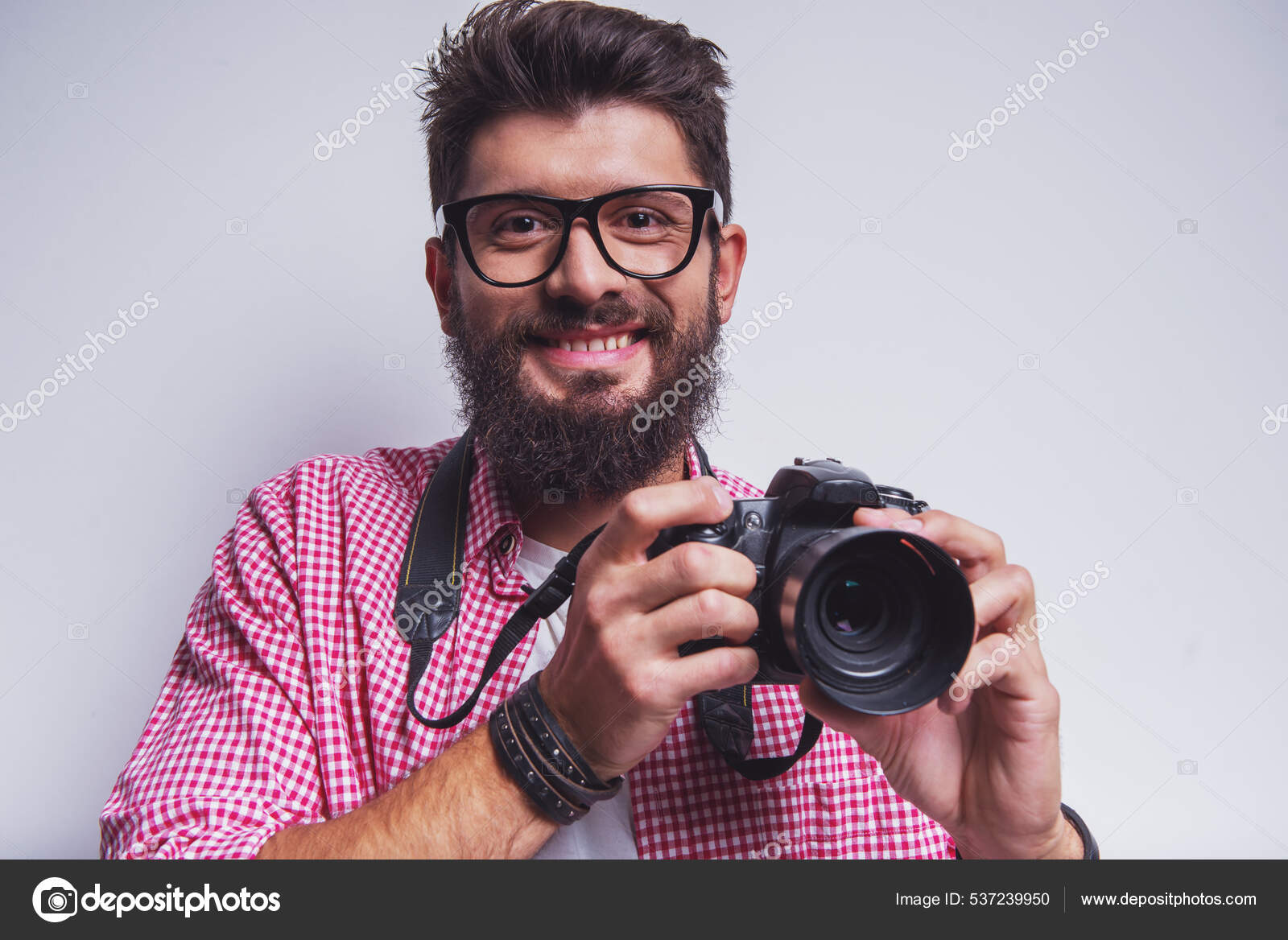 Young Cheerful Photographer Beard While Working Studio — Stock Photo ...