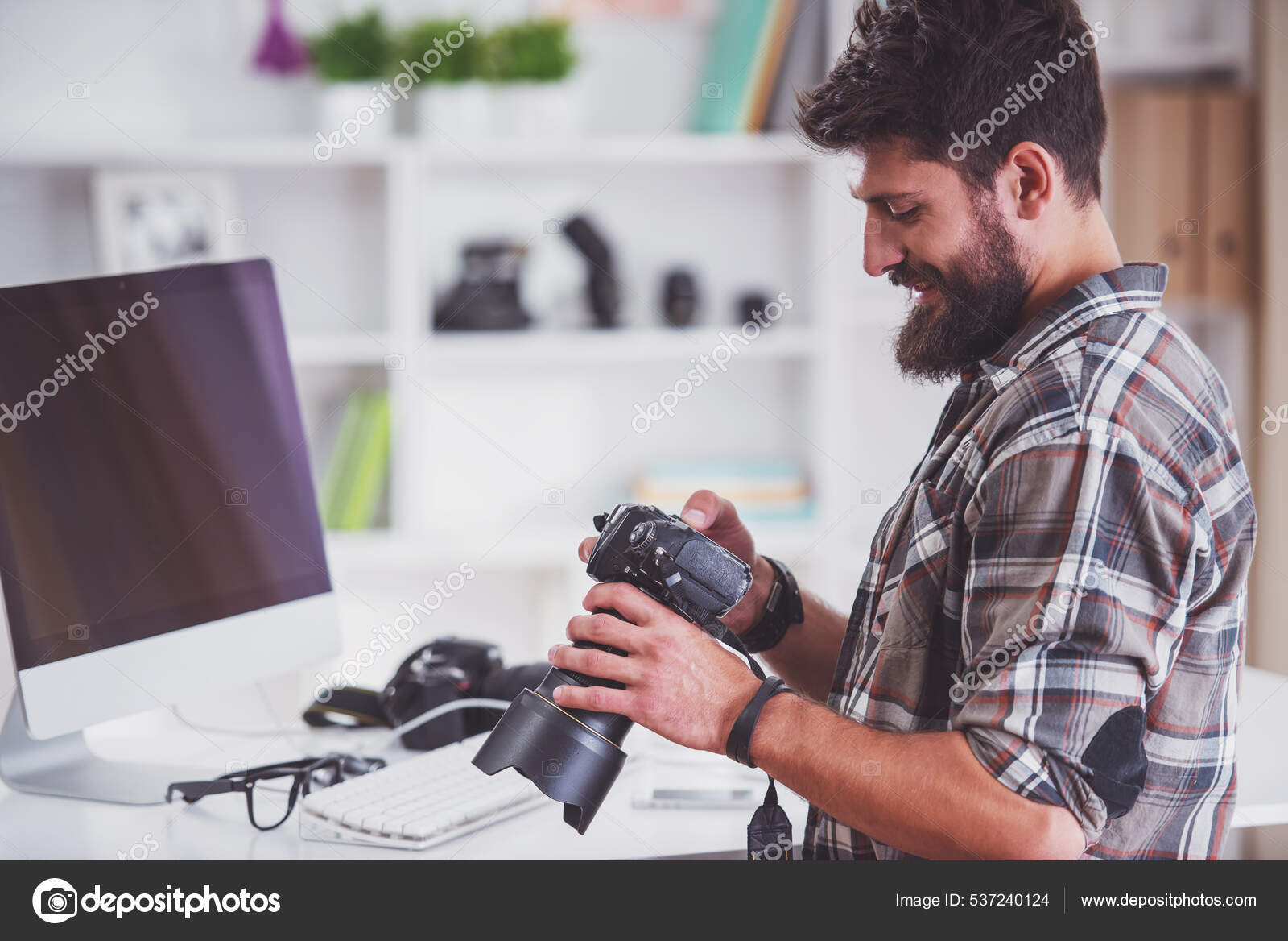Young Cheerful Photographer Beard While Working His Office — Stock ...