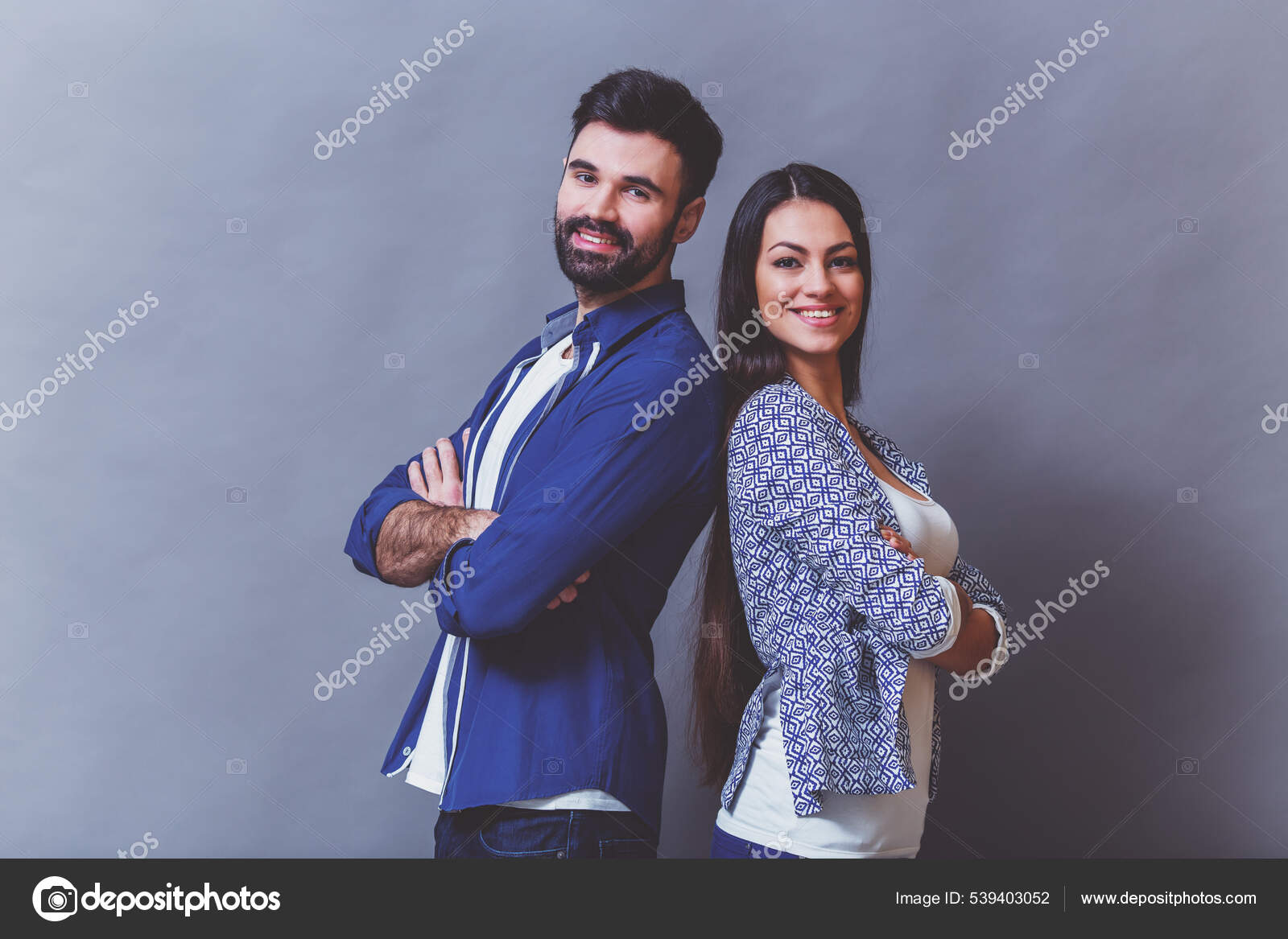 Young Nice Couple Posing Studio Express Emotions Gestures Smiling Gray ...