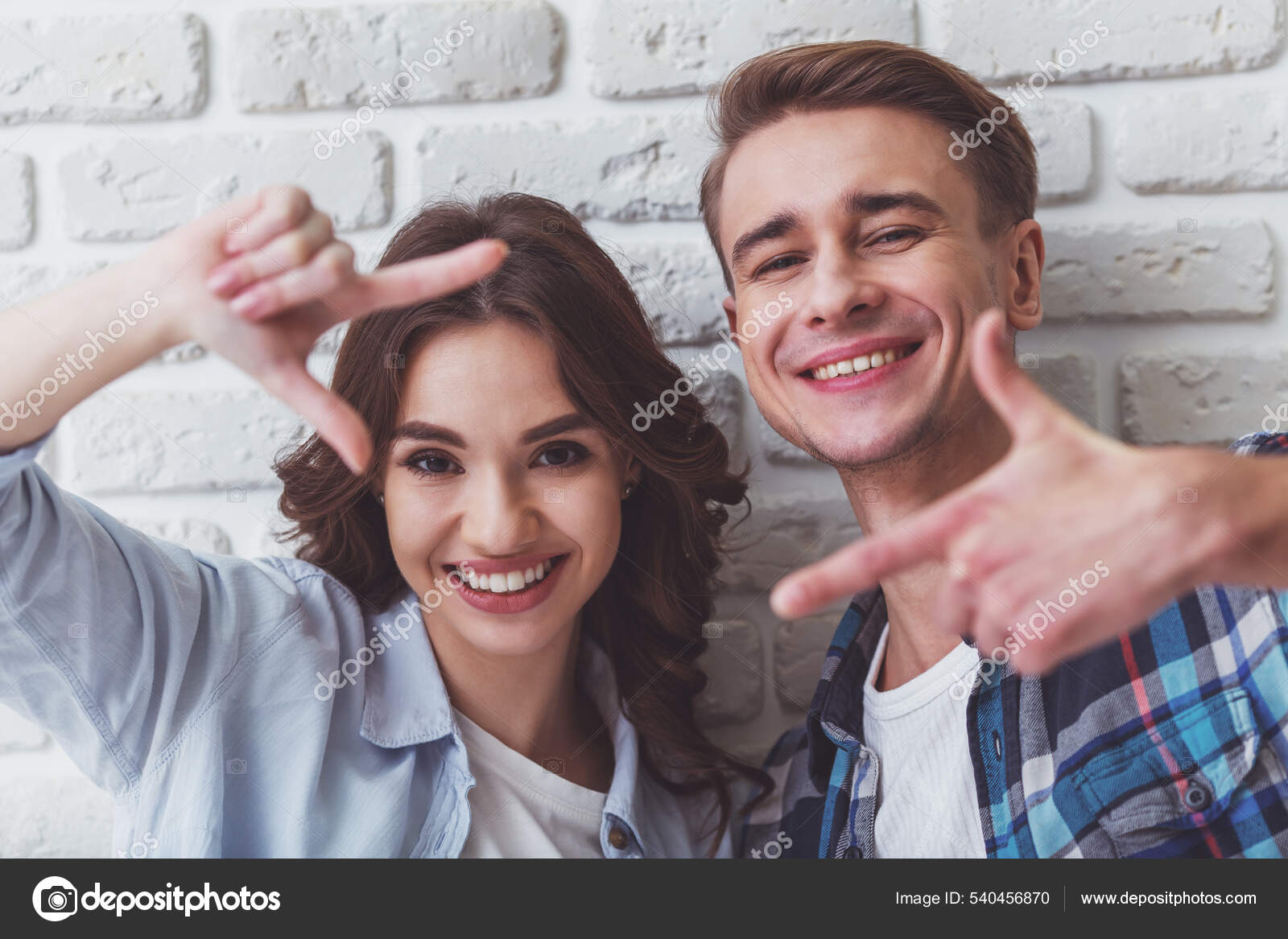 Beautiful Young Couple Love Expressing Emotions Brick Wall Background ...