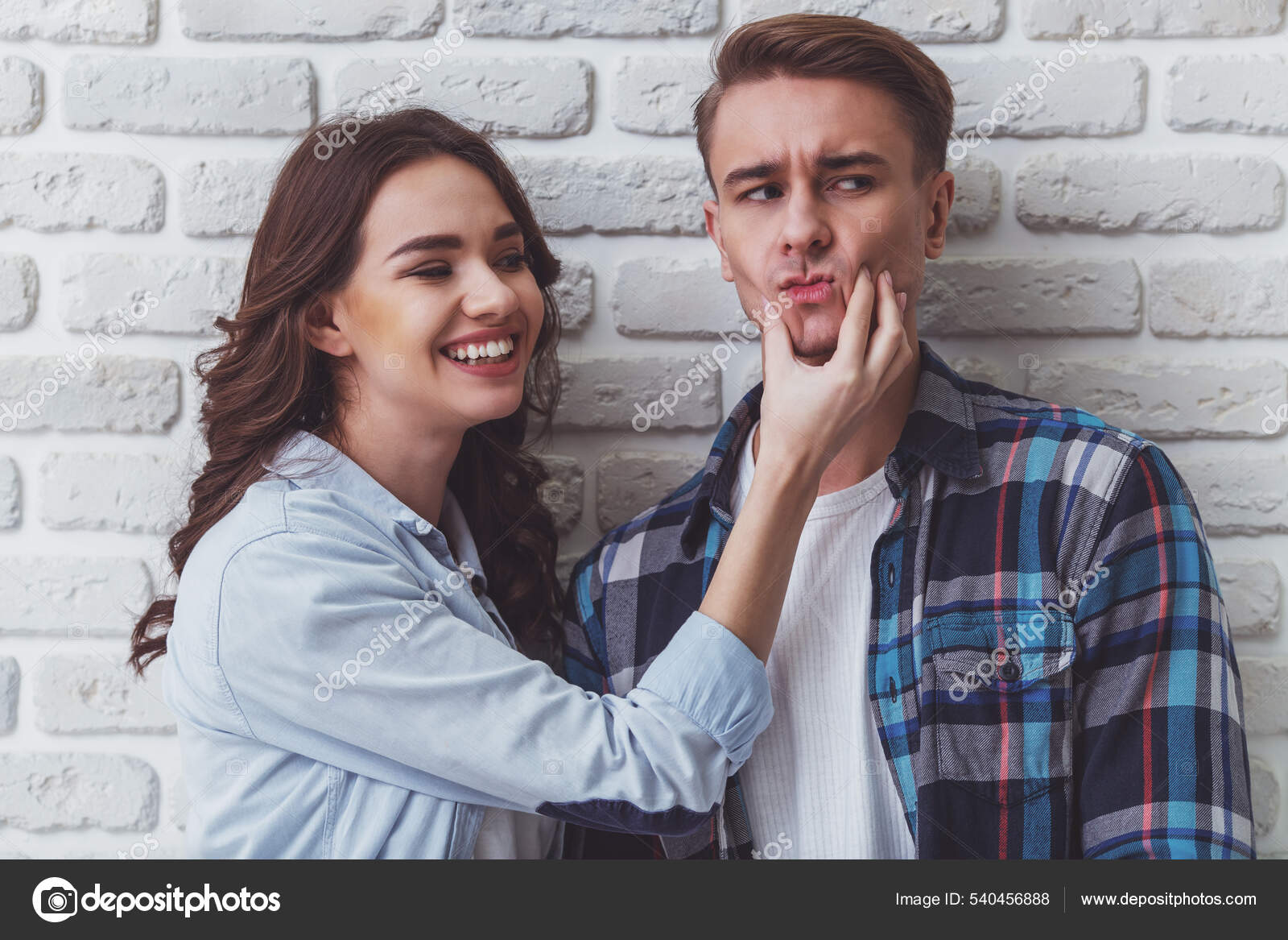 Beautiful Young Couple Love Expressing Emotions Brick Wall Background ...