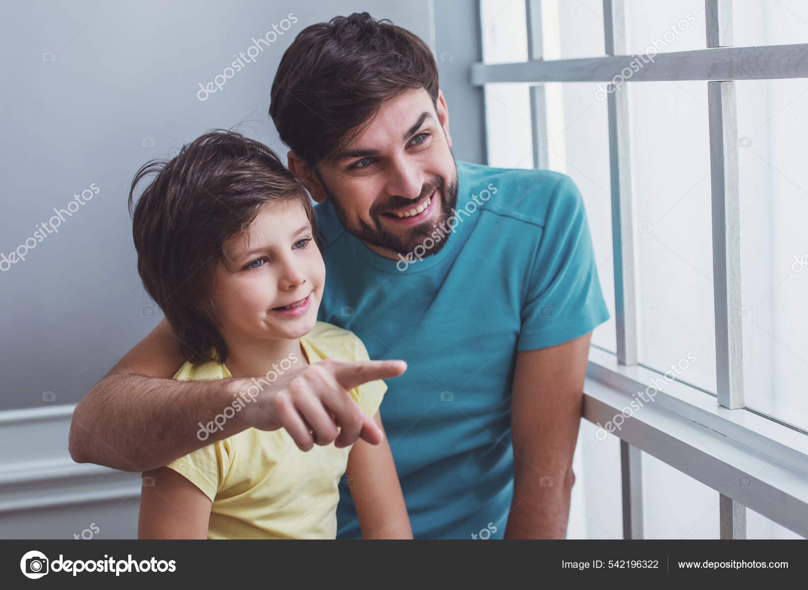 Handsome Young Father His Cute Little Son Looking Window Smiling Stock ...