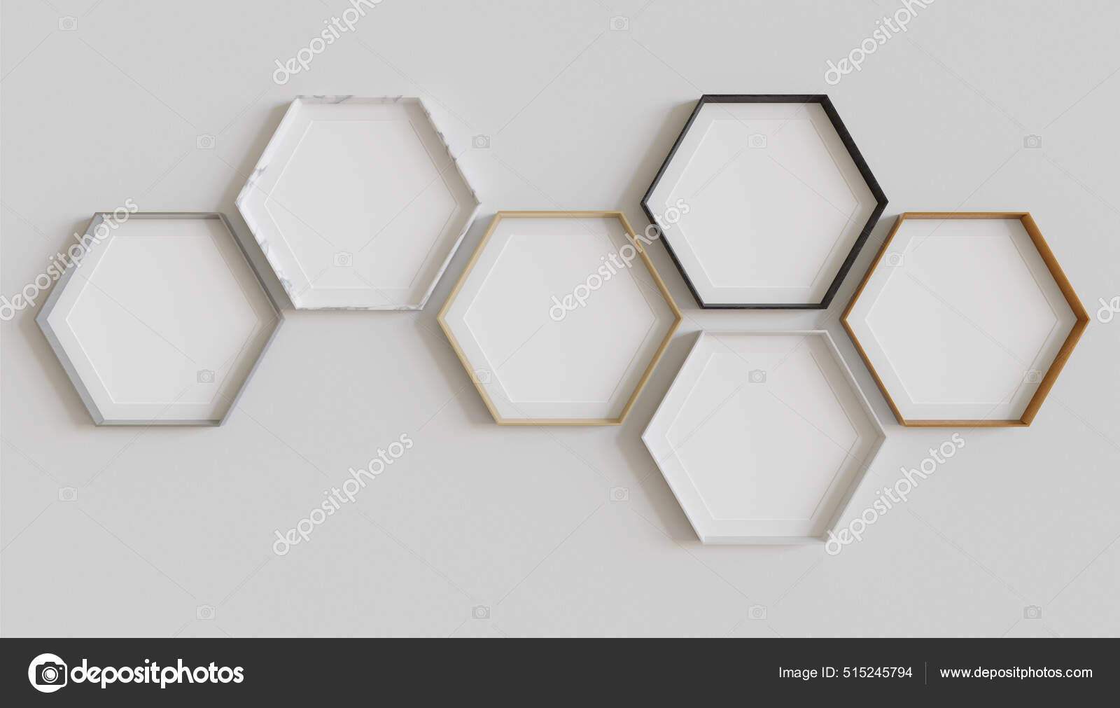 Mutli Material Hexagon Blank Photo Frames Mockup Hanging Interior Wall ...