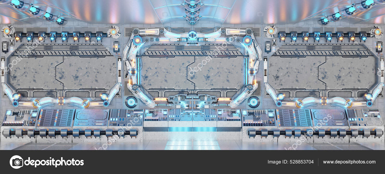 White Spaceship Interior Glowing Control Panels Buttons Futuristic ...