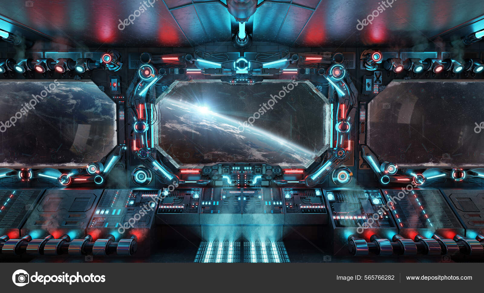 Dark Spaceship Interior Glowing Blue Red Lights Futuristic Spacecraft ...