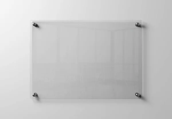 Transparent glass sign plate on white wall mockup. Template of a blank ...