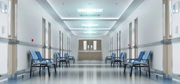 Long white hospital corridor with rooms and blue seats 3D rendering ...