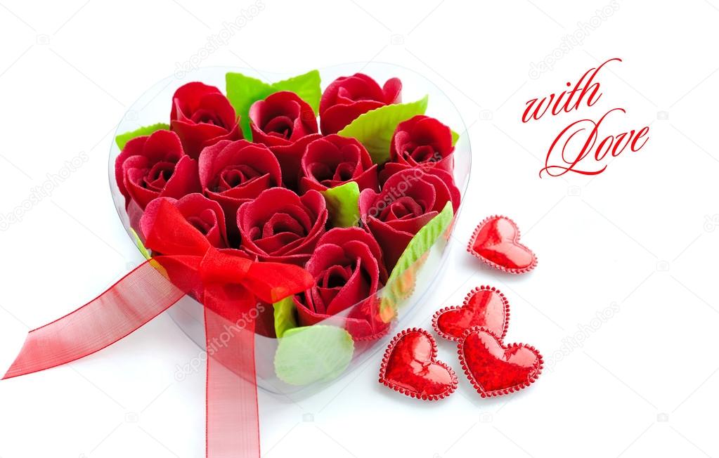 Heart-shaped box with red roses on white background — Stock Photo ...