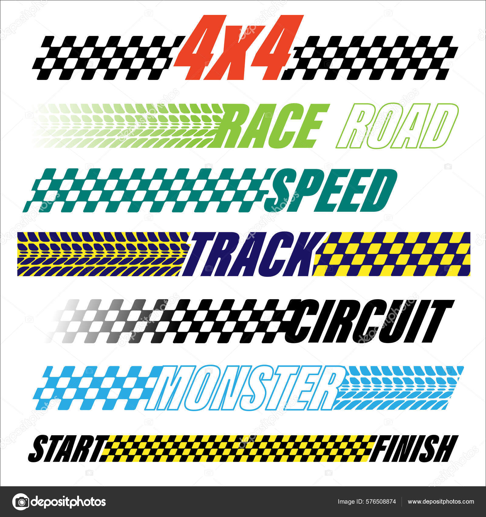 Set Different Color Sport Flags Silhouettes Start Finish Lines Text ...