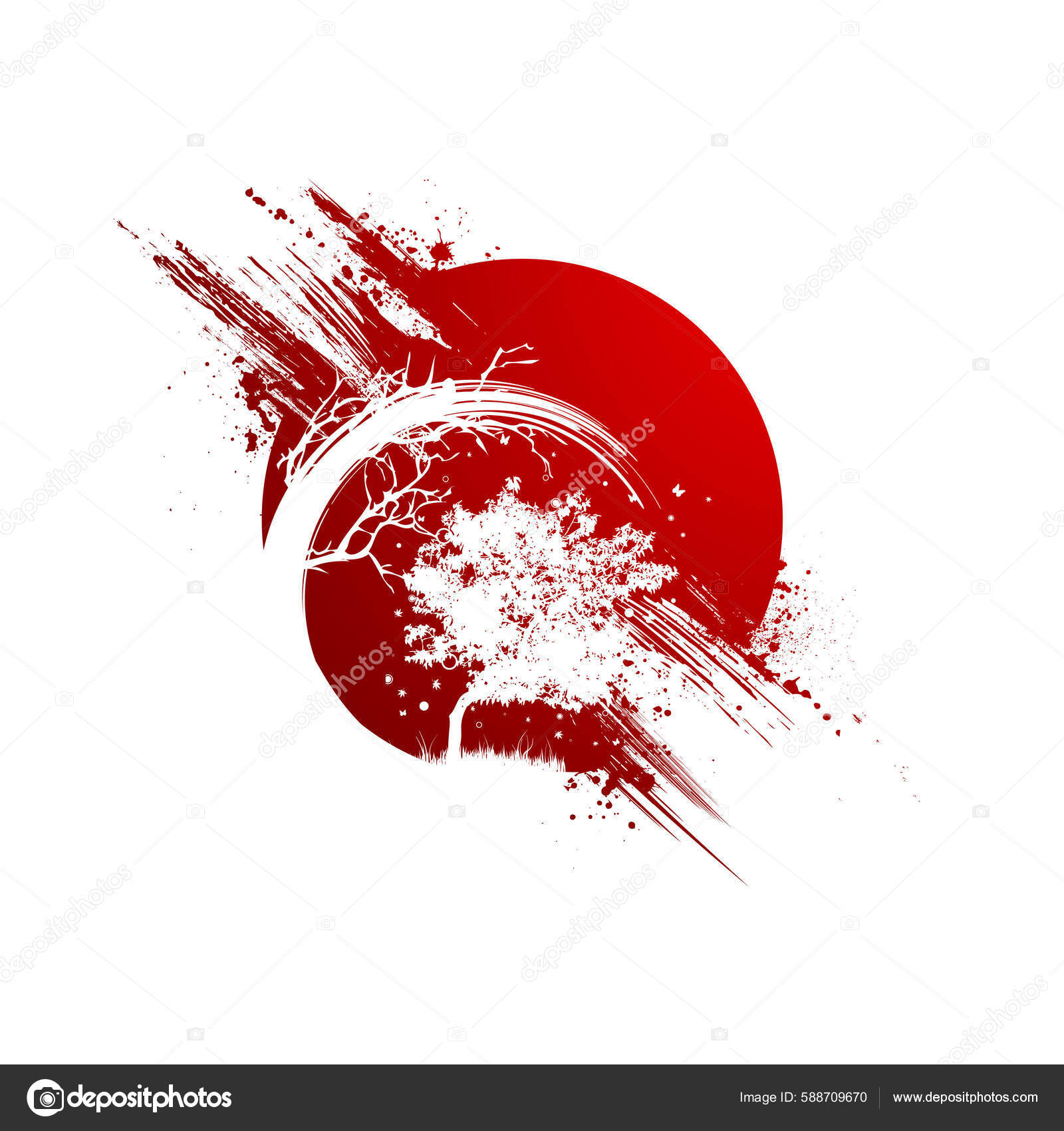 Red Circle Silhouette Diagonal Scratched Lines Broken Line Asian Sun ...