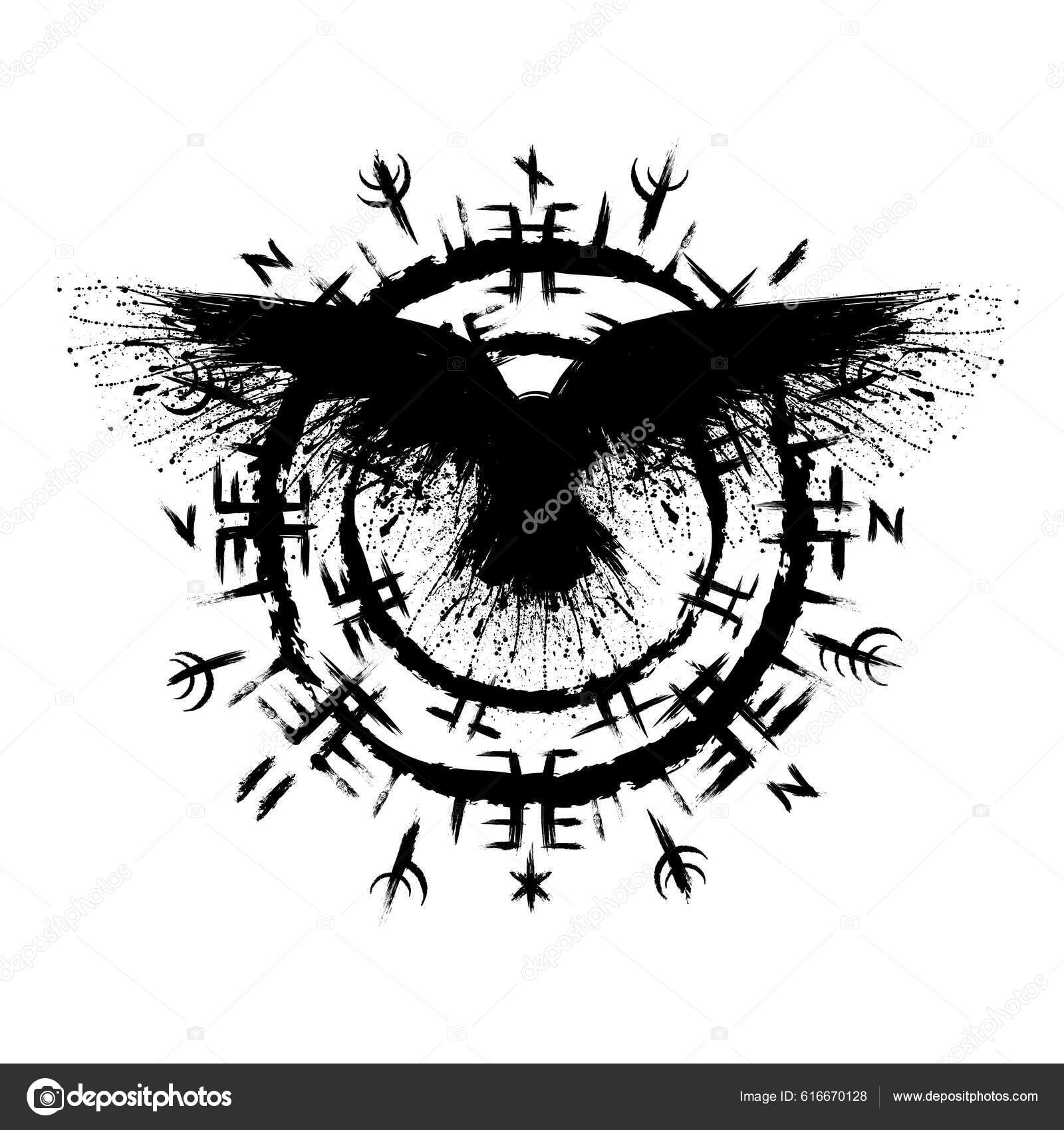 Abstract Viking Circle Rune Symbol Black Ink Blots Raven Silhouette ...