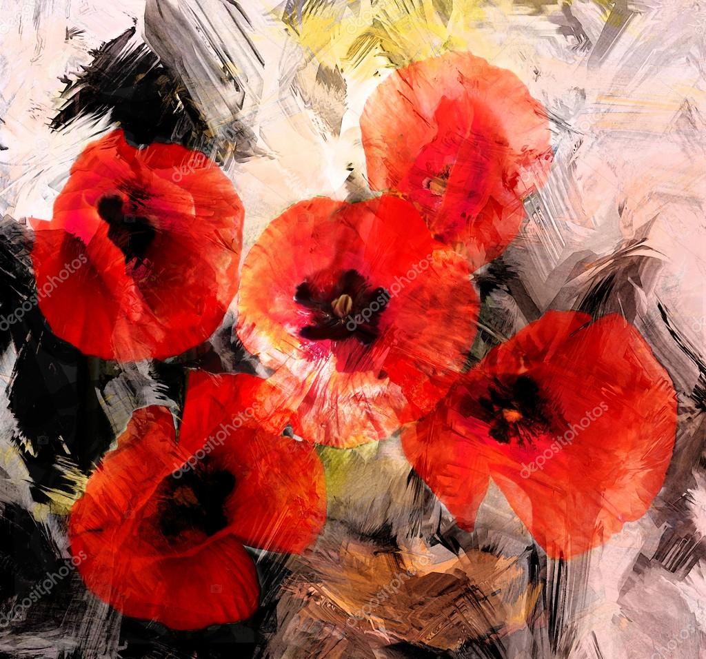 Red stylized poppies on grunge stained and striped dynamic background ...