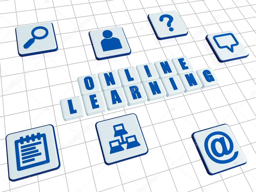Online learning and internet signs in white blocks — Stock Photo ...
