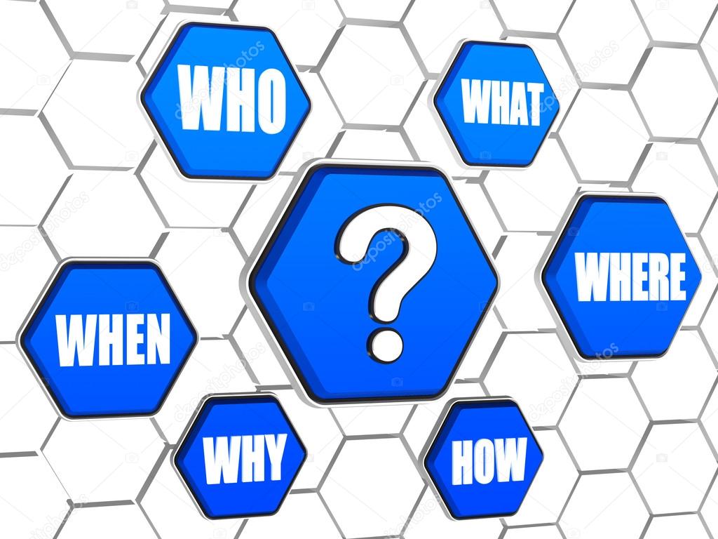Question-mark and question words in blue hexagons Stock Photo by ...