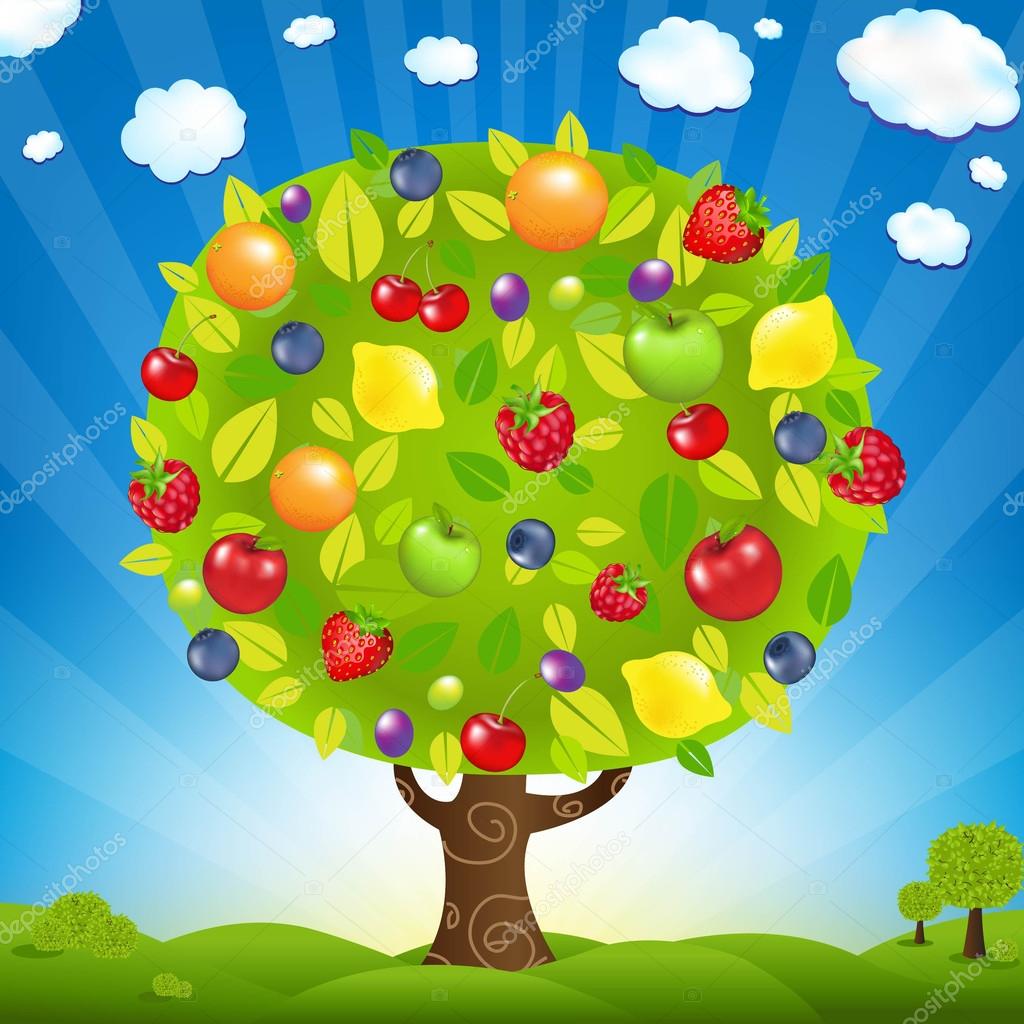 Árbol de frutas con paisaje — Archivo Imágenes Vectoriales © adamson ...