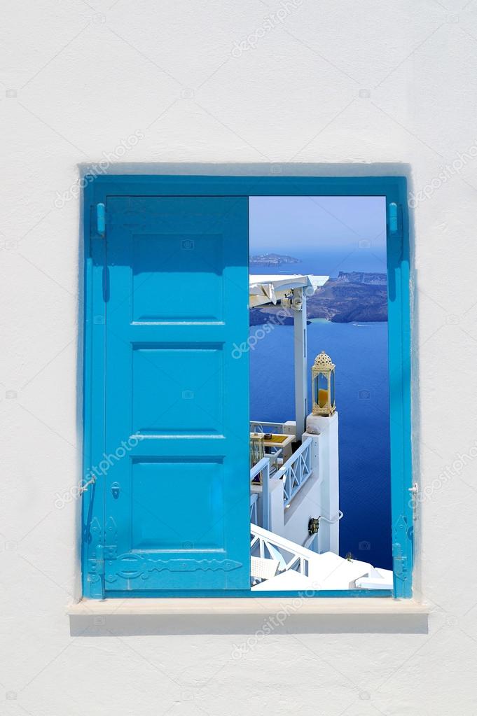 Open traditional Greek blue window on Santorini island, Greece — Stock ...