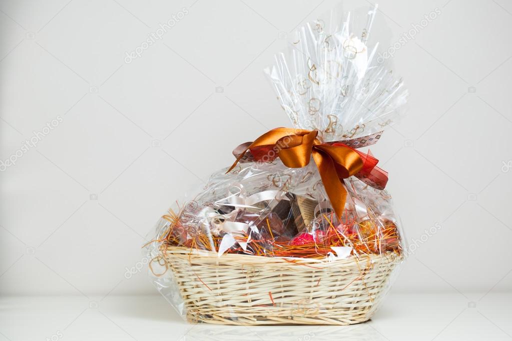 Gift basket against grey background ⬇ Stock Photo, Image by © nikkytok ...